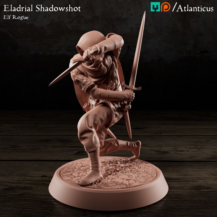 3D Printable Male Elf Rogue - Eladrial Shadowshot - Shortswords by Atlanticus Arts